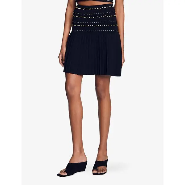 Sandro Stud-embellished Flared Knitted Mini Skirt