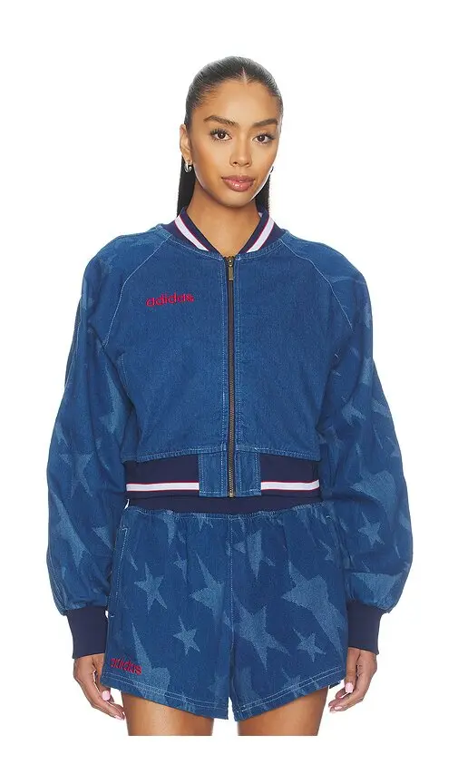 ADIDAS ORIGINALS Superstar Denim Graphic Varsity Bomber Jacket In . Also - Blue