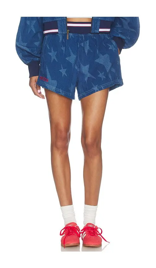 ADIDAS ORIGINALS Denim Graphic Varsity Shorts In . Also - Blue