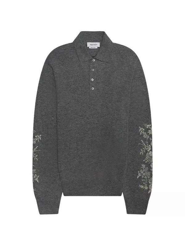 Alexander McQueen Embroidered Long-sleeve Polo Shirt - Grey