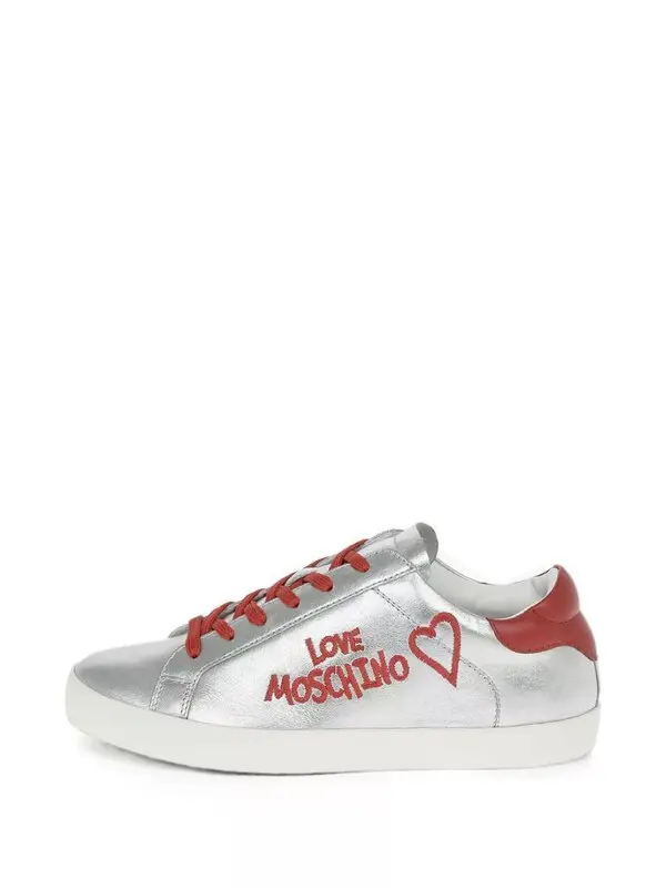 Moschino Love Logo-embroidered Laminated-leather Sneakers - Silver