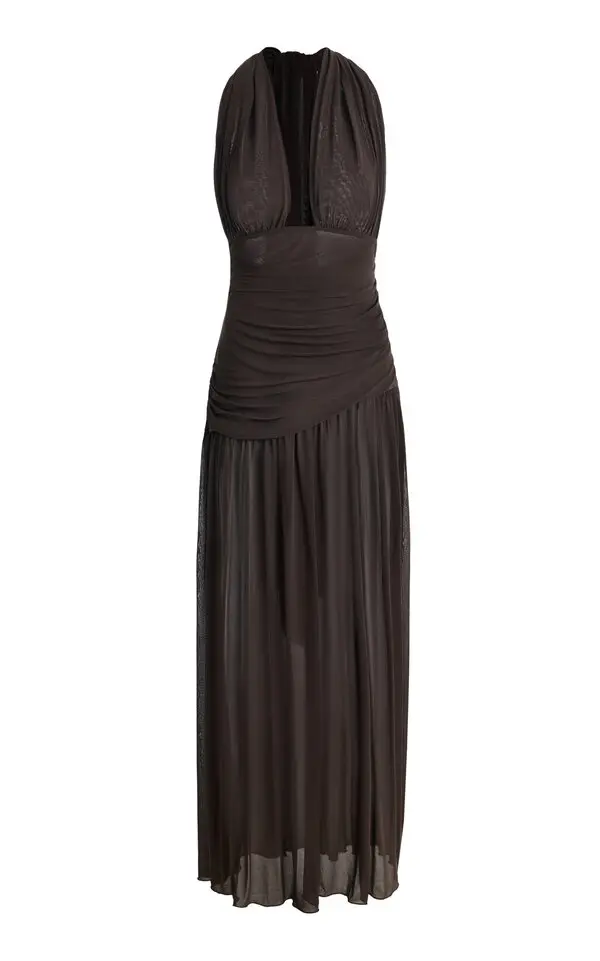 MORE NOIR Halterneck Plunging Neckline Pleated Jersey Maxi Dress - Brown