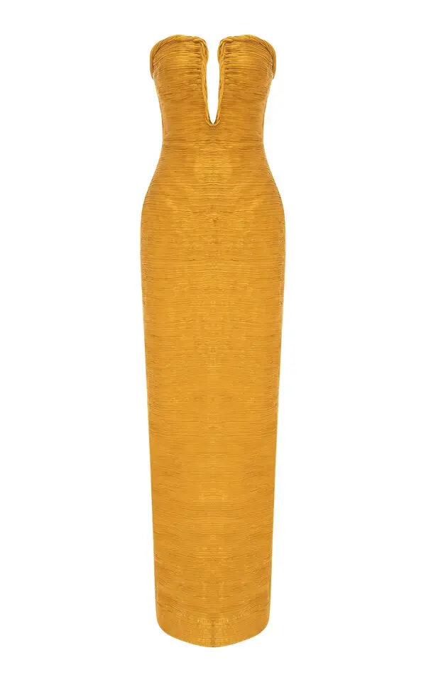 MARMAR HALIM Strapless Plissé Column Gown With Detachable Cape - Yellow
