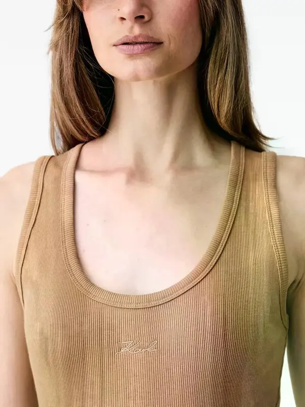 Karl Lagerfeld Ribbed Knit Logo Embroidered Scoop Neck Top