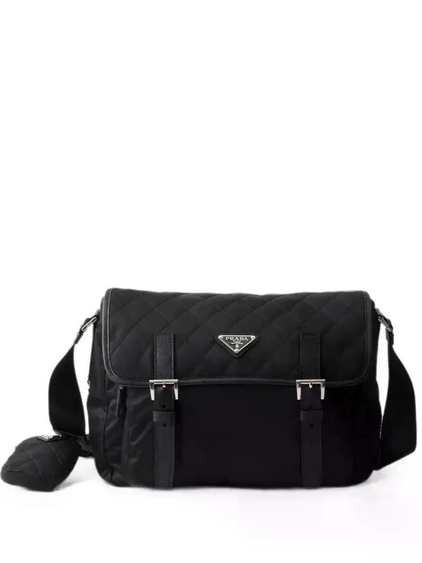 Prada Large Quilted Re-nylon Shoulder Bag With Saffiano Trim - Black