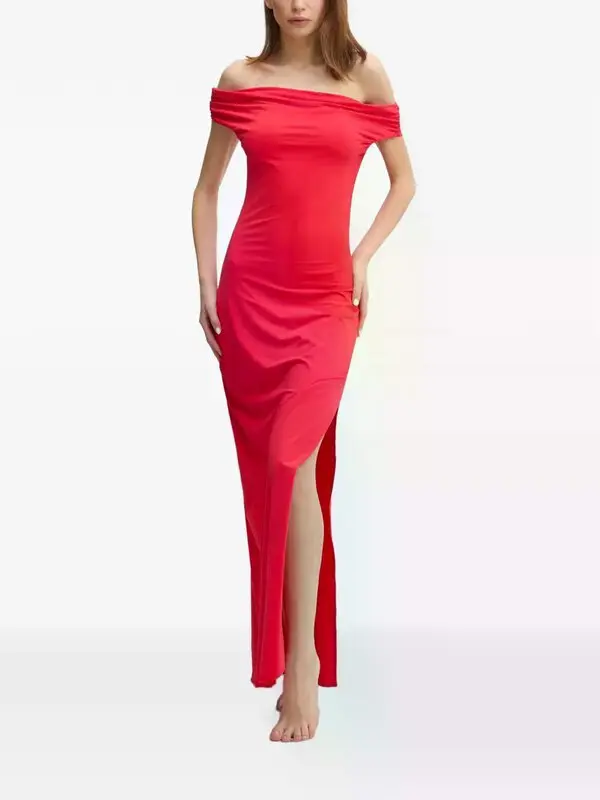 Bond Eye Off-shoulder Ruched-sleeve Maxi Beach Dress - Red