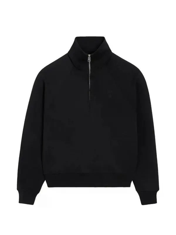 AMI Paris Cotton Zipped-sweatshirt With Embossed De Coeur - Black
