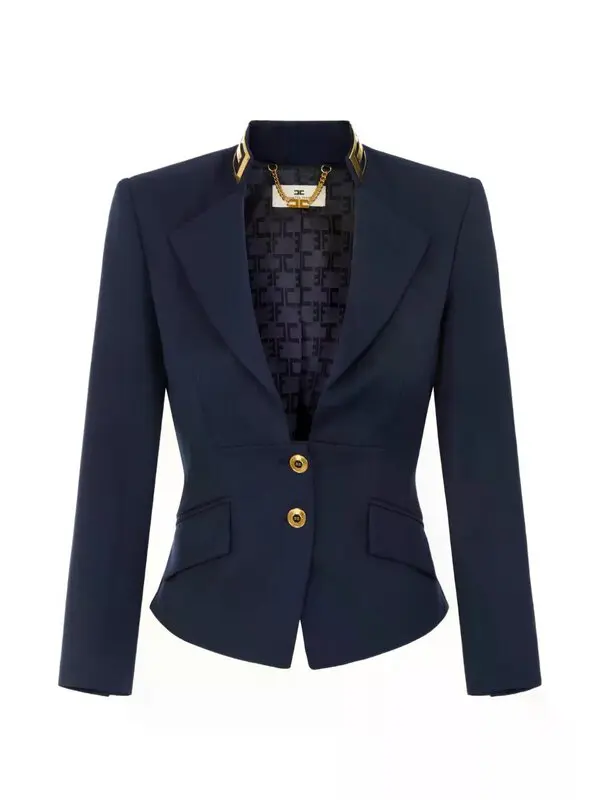 Elisabetta Franchi Jacket In Gabardine Fabric With Jewel Collar - Blue