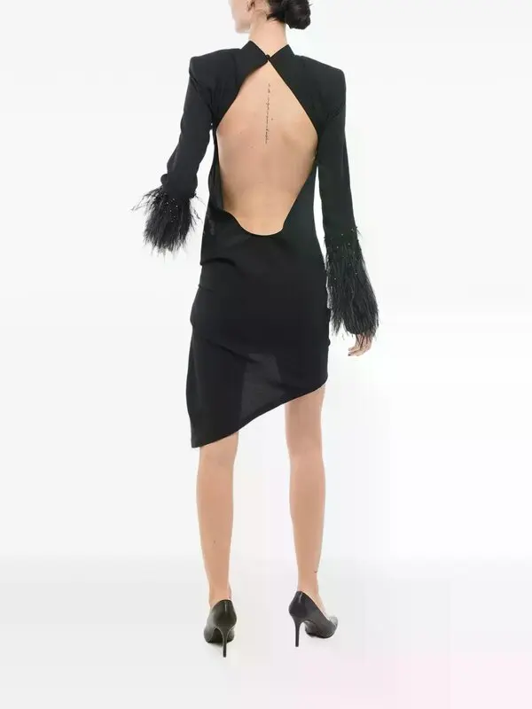 LA SEMAINE Feather-trim Open-back Mini Dress