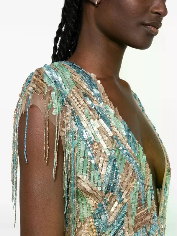 SIMONA CORSELLINI Sequin-embellished Fringed Maxi Dress
