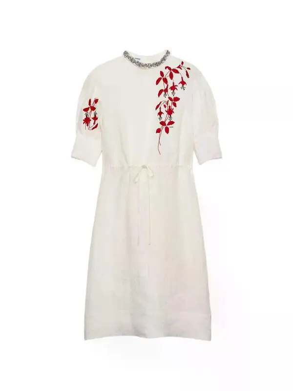Prada Embroidered Slubbed Fabric Midi Dress - Neutrals