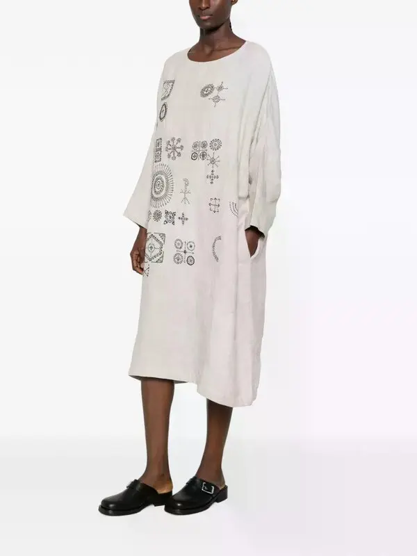 AODRESS Embroidered Crew-neck Midi Dress - Neutrals