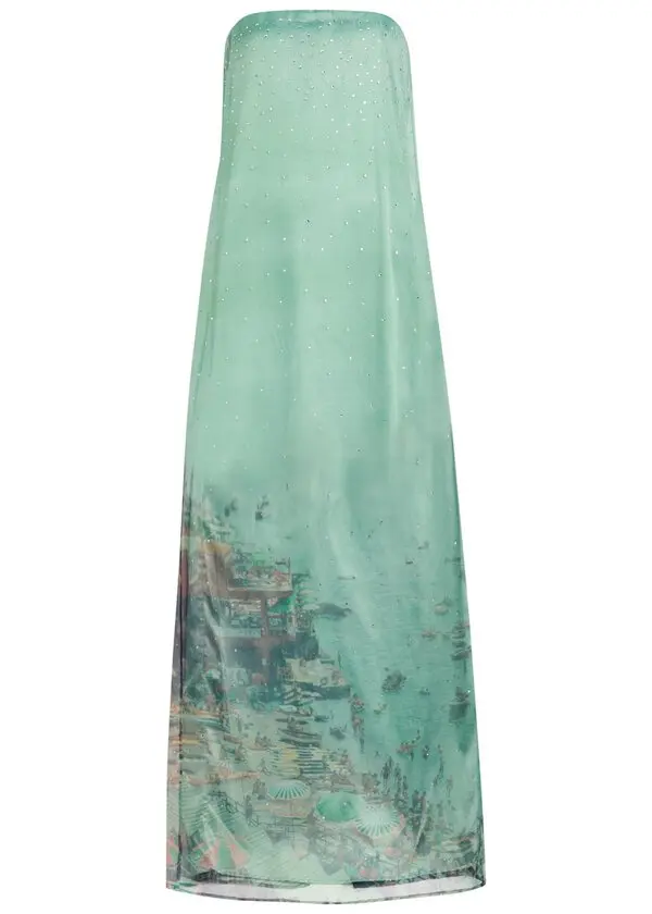 Staud Amara Printed Embellished Organza Maxi Dress - Blue