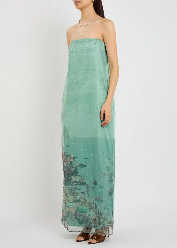 Staud Amara Printed Embellished Organza Maxi Dress - Blue