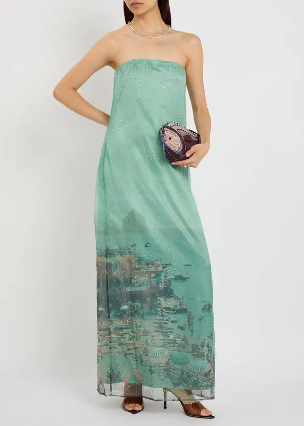 Staud Amara Printed Embellished Organza Maxi Dress - Blue