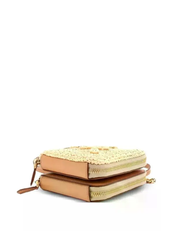 Prada Triangle Logo Zip Around Shoulder Bag Raffia And Leather Mini Crossbody Bag