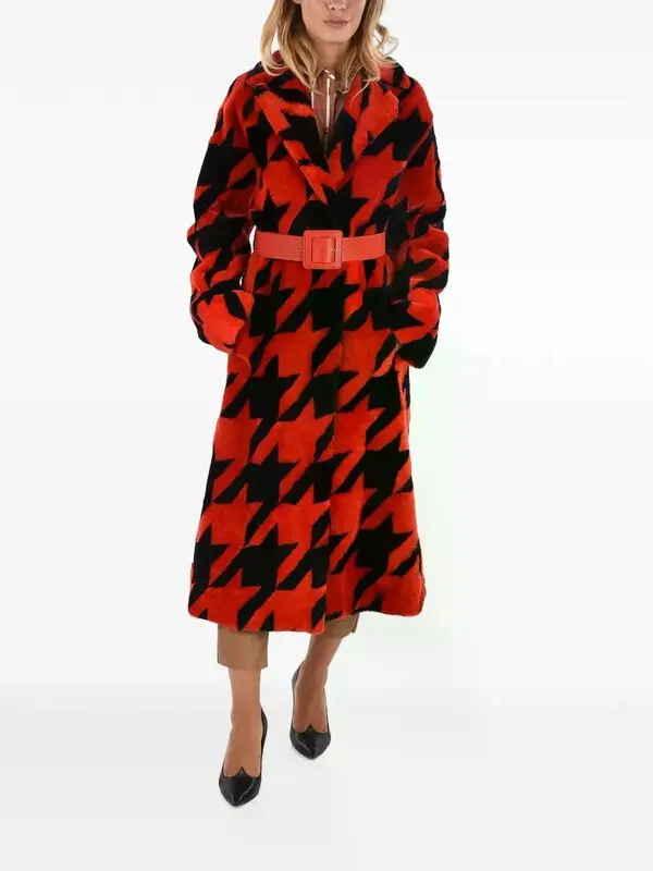Drome Belted Houndstooth Shearling Coat