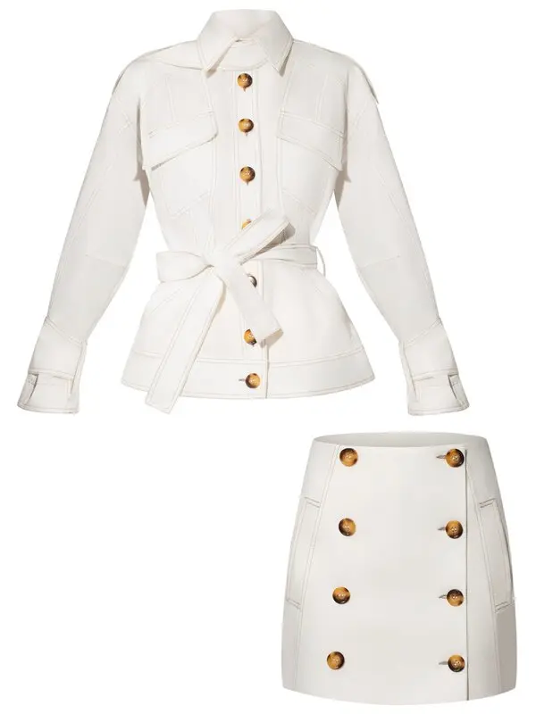 TIA DORRAINE Oversized Belted Trench Jacket & Mini Skirt Set - White