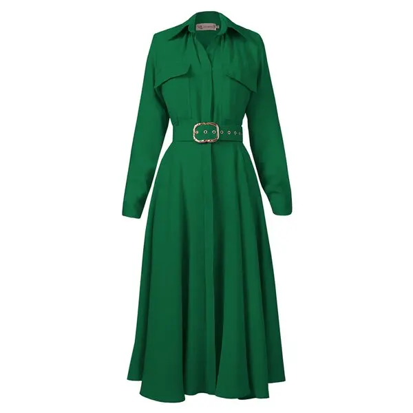 ALINA CERNATESCU Patty Forest Sustainable Viscose Midi Dress With Pockets And Textile Belt - Green