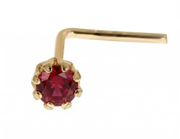 Zahav Jewelry 14k Solid Gold 24g 1.5mm Cz L-shape Nose Stud - Red