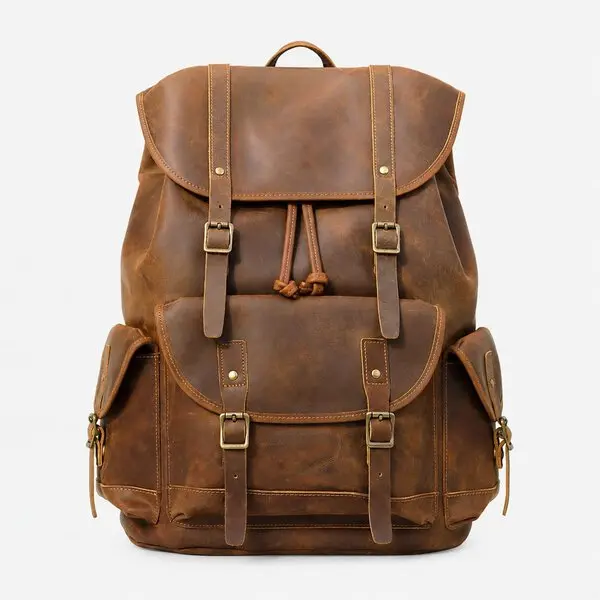 TOURI Military Style Leather Backpack - Brown