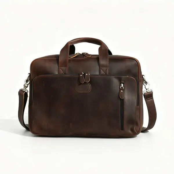 TOURI Genuine Leather Briefcase With Front Leather Patch Dark