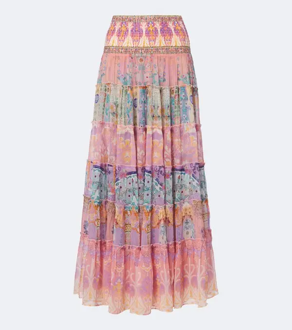 Camilla Printed Tiered Silk Maxi Skirt - Multicoloured