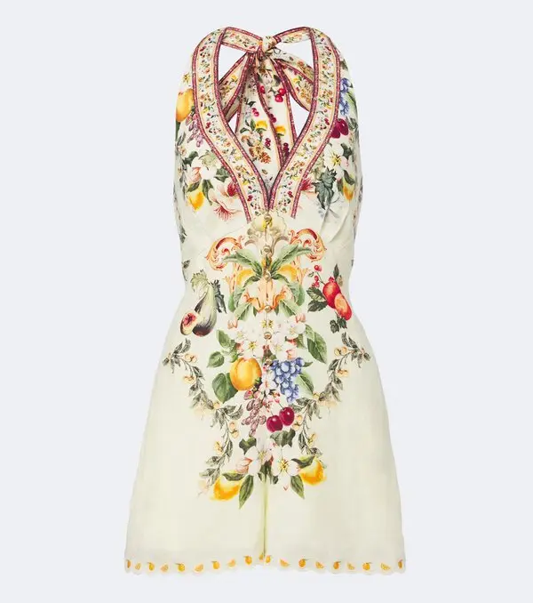 Camilla Embellished Halterneck Linen Romper - Multicoloured