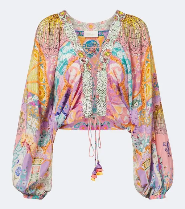 Camilla Embellished Lace-up Silk Blouse - Multicoloured