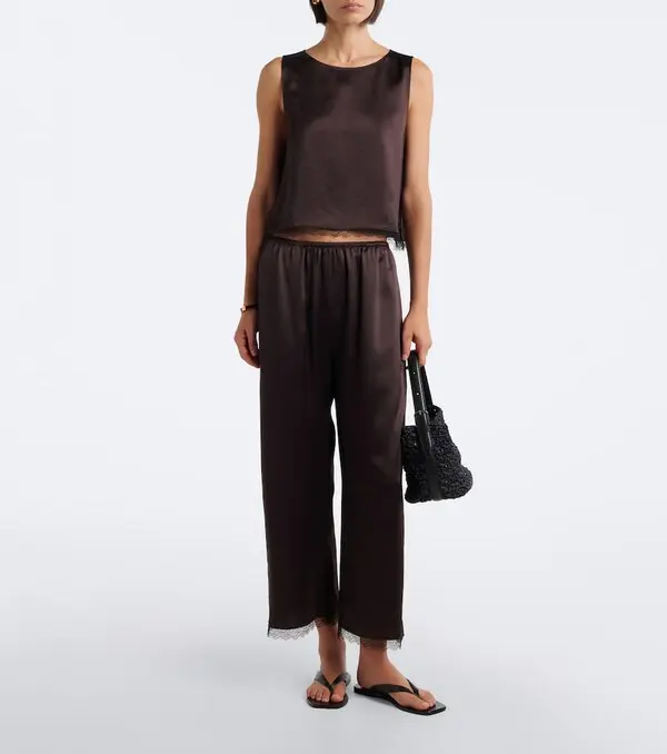 LESET Lace-trimmed Satin Crop Top - Brown