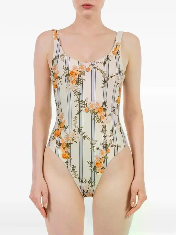 Agua Bendita Gema Valle Floral-embroidered Swimsuit - Neutrals