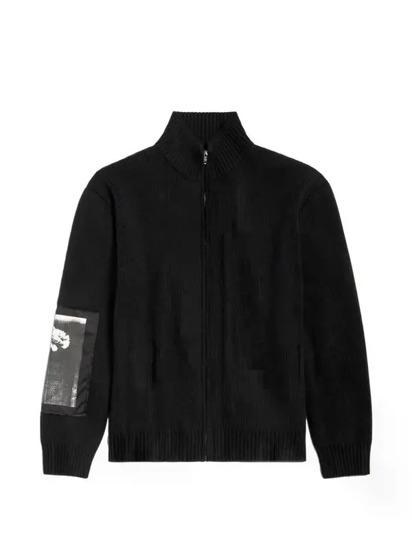 Balenciaga Ribbed-knit Zip-up Cardigan With Graphic Sleeve Detail