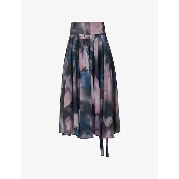 LEEM Printed Pleated Circular Cotton Midi Skirt - Multi-coloured