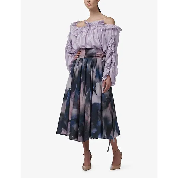 LEEM Printed Pleated Circular Cotton Midi Skirt