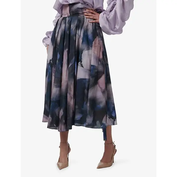 LEEM Printed Pleated Circular Cotton Midi Skirt