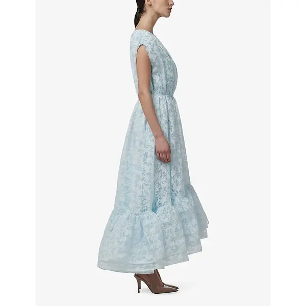 LEEM Floral-devoré Ruffled-hem Woven Midi Dress