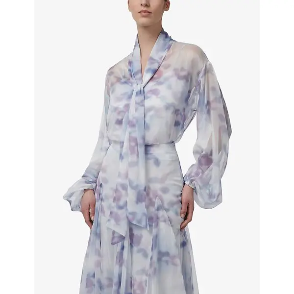 LEEM Floral-print Tie-neck Chiffon Blouse