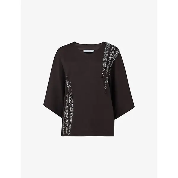 LEEM V-neck Embellished Cotton Top - Brown
