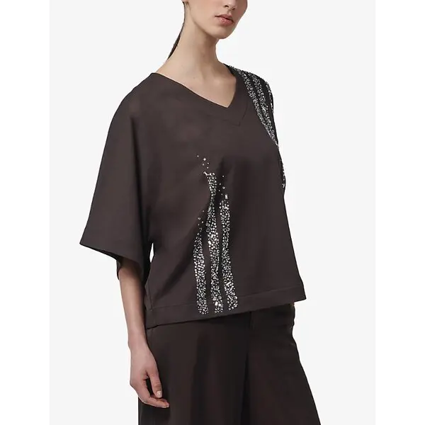 LEEM V-neck Embellished Cotton Top
