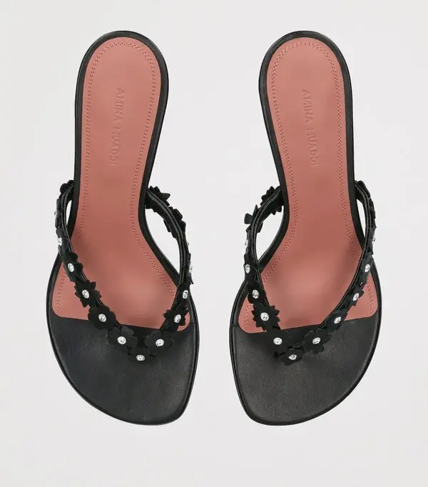 Amina Muaddi Leather Embellished Thong Sandals - Black