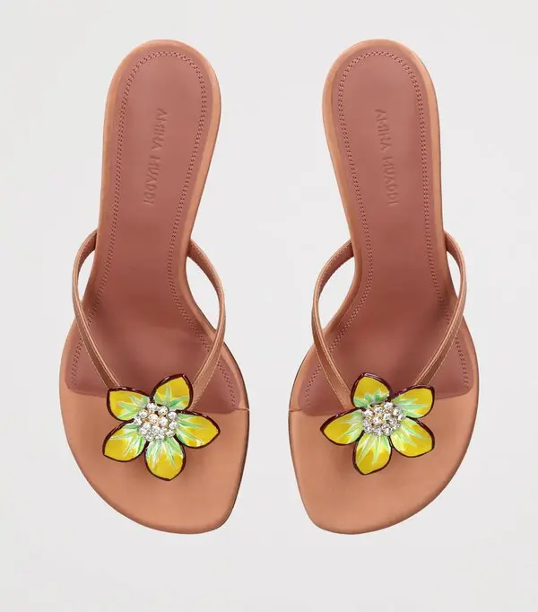 Amina Muaddi Satin Flower Embellished Heeled Sandals - Beige