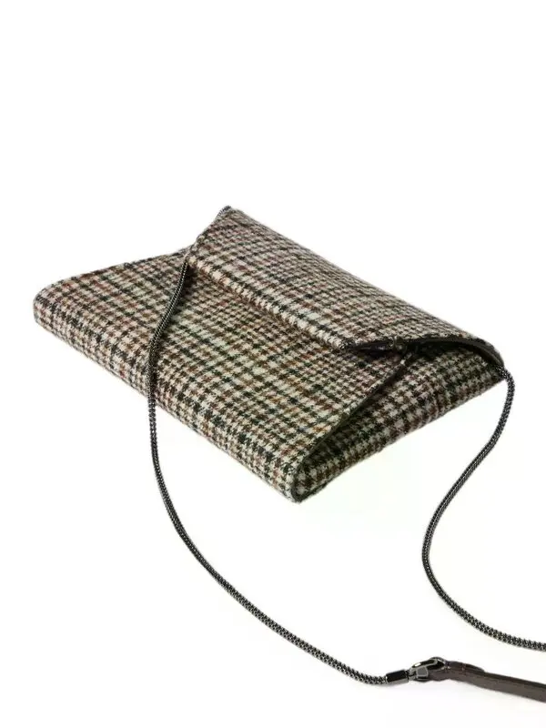 Brunello Cucinelli Duo Pochette In Water-resistant Alpaca And Wool Check With Precious Chain - Neutrals