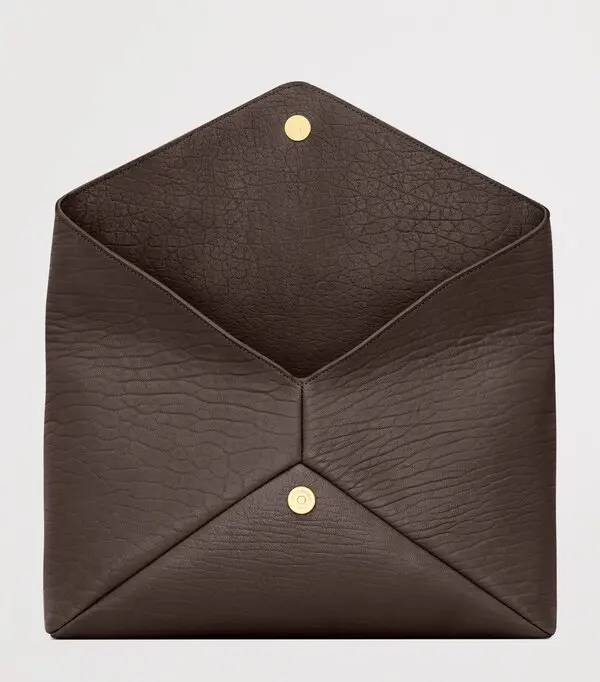 Saint Laurent Large Leather Cassandre Envelope Clutch Bag - Brown