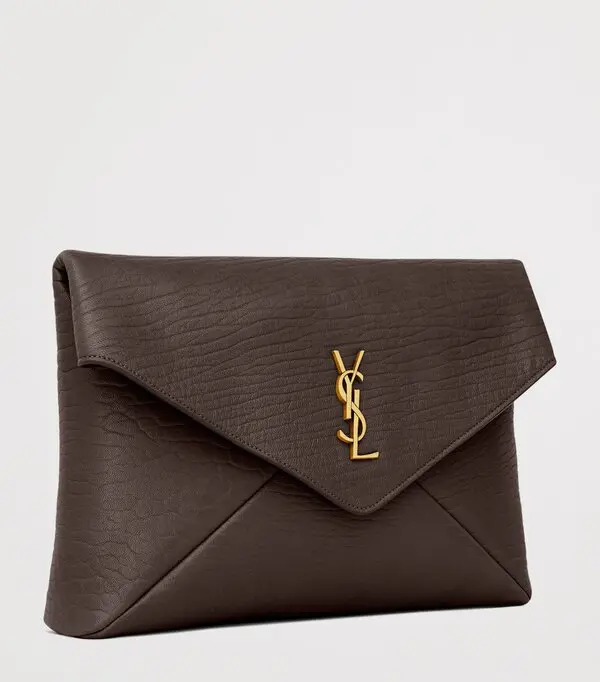 Saint Laurent Large Leather Cassandre Envelope Clutch Bag - Brown