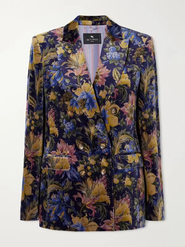 Etro Double-breasted Floral-print Stretch-cotton Velvet Blazer - Blue
