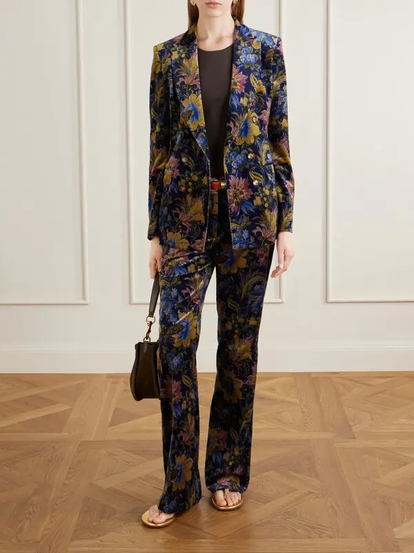 Etro Double-breasted Floral-print Stretch-cotton Velvet Blazer - Blue