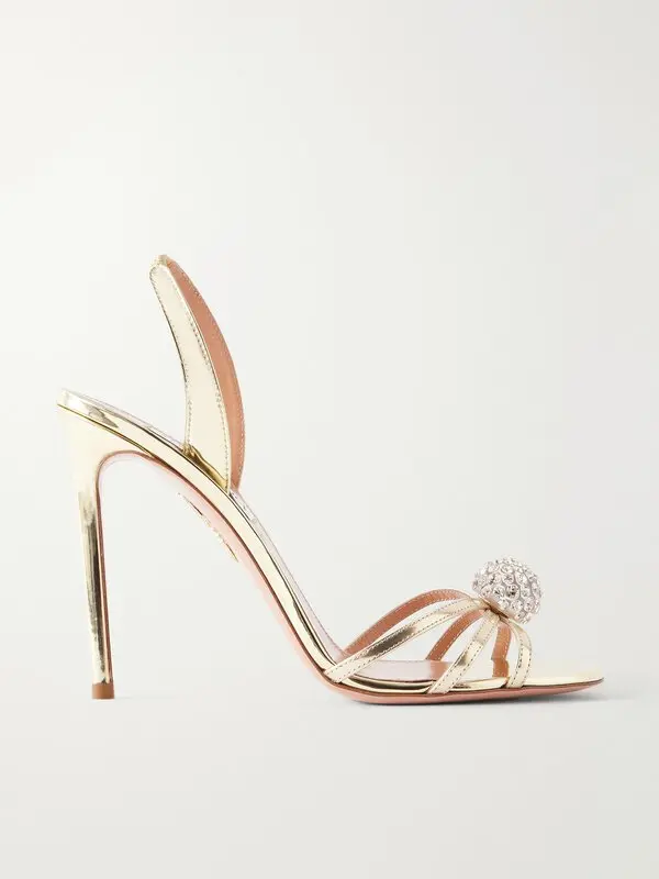 AQUAZZURA Crystal Bubble 105 Embellished Metallic Leather Slingback Sandals - Gold