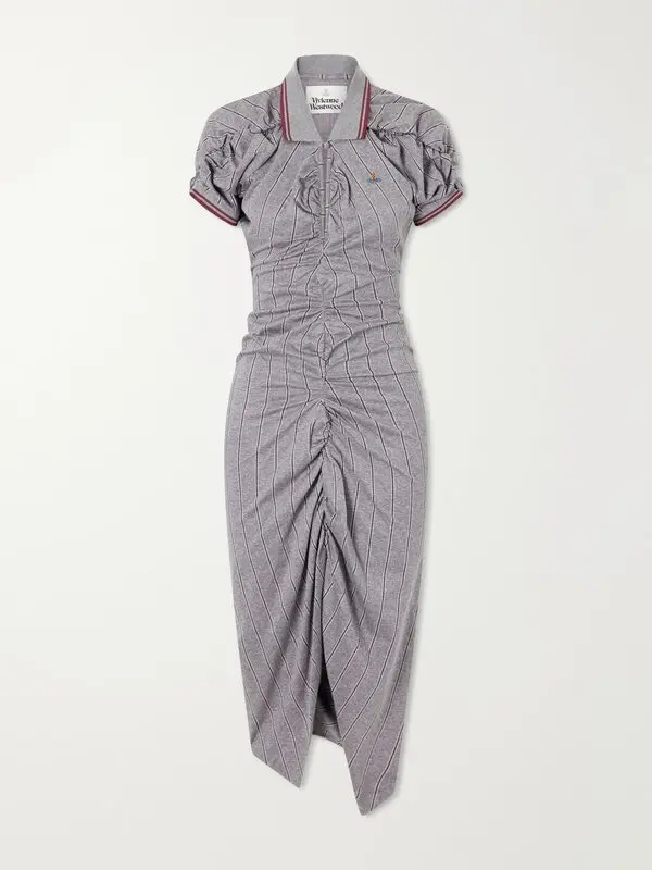 VIVIENNE WESTWOOD Logo-embroidered Striped Gathered Cotton Jersey Midi Dress - Gray
