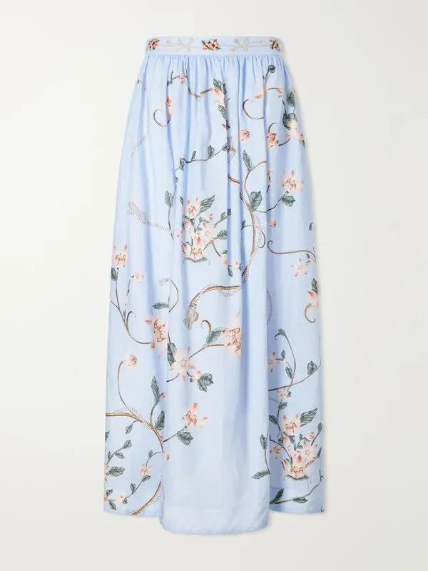 Agua Bendita Tangelo Embroidered Floral-print Linen Maxi Skirt - Blue