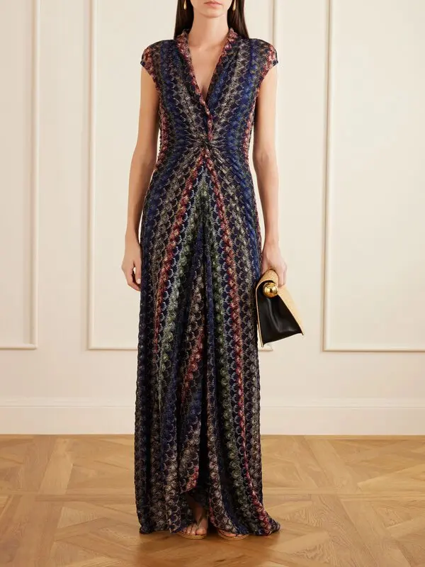 Missoni Gathered Striped Crochet-knit Maxi Dress